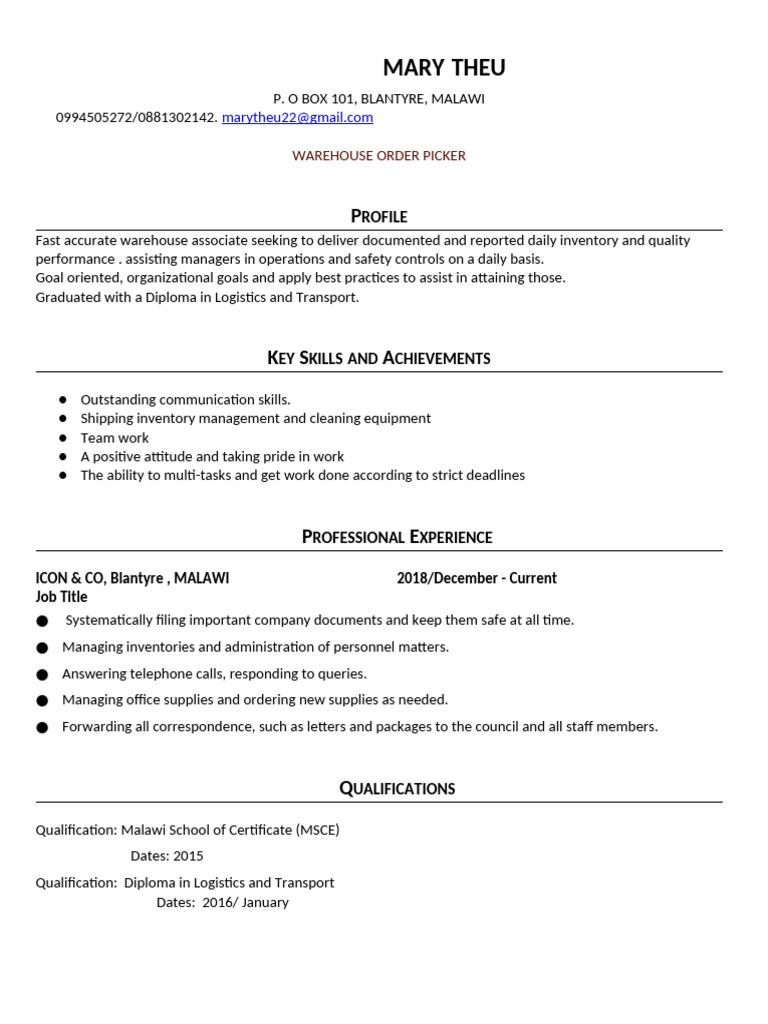 Warehouse Order Picker Resume | PDF