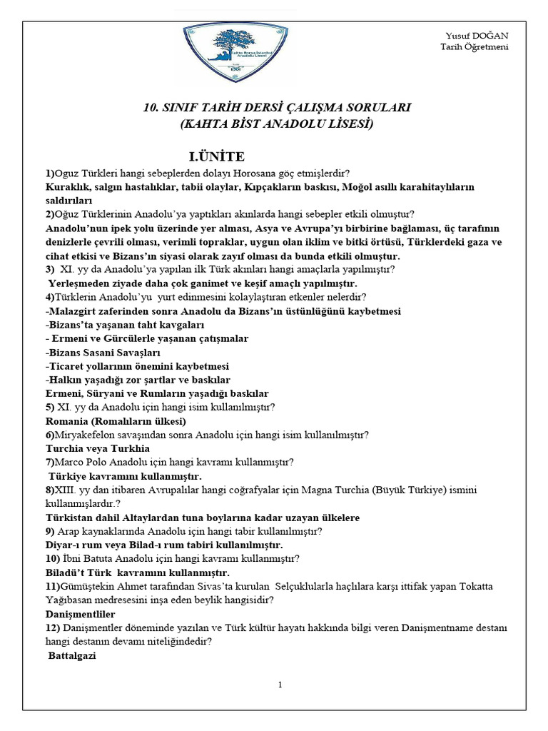 10.sinif Tarih Tum Uniteler Calisma Sorulari Ve Cevaplari Soru Cevap Ozet | PDF