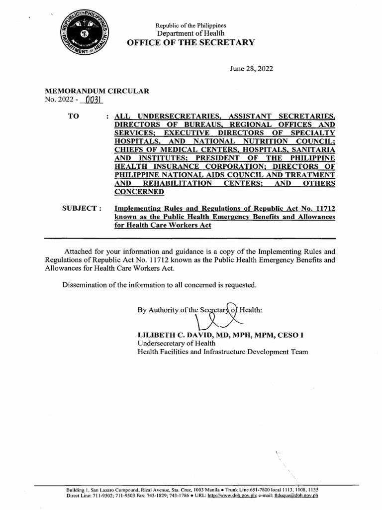 IRR of Public Health Emergency Benefits and Allowances For Health Care ...