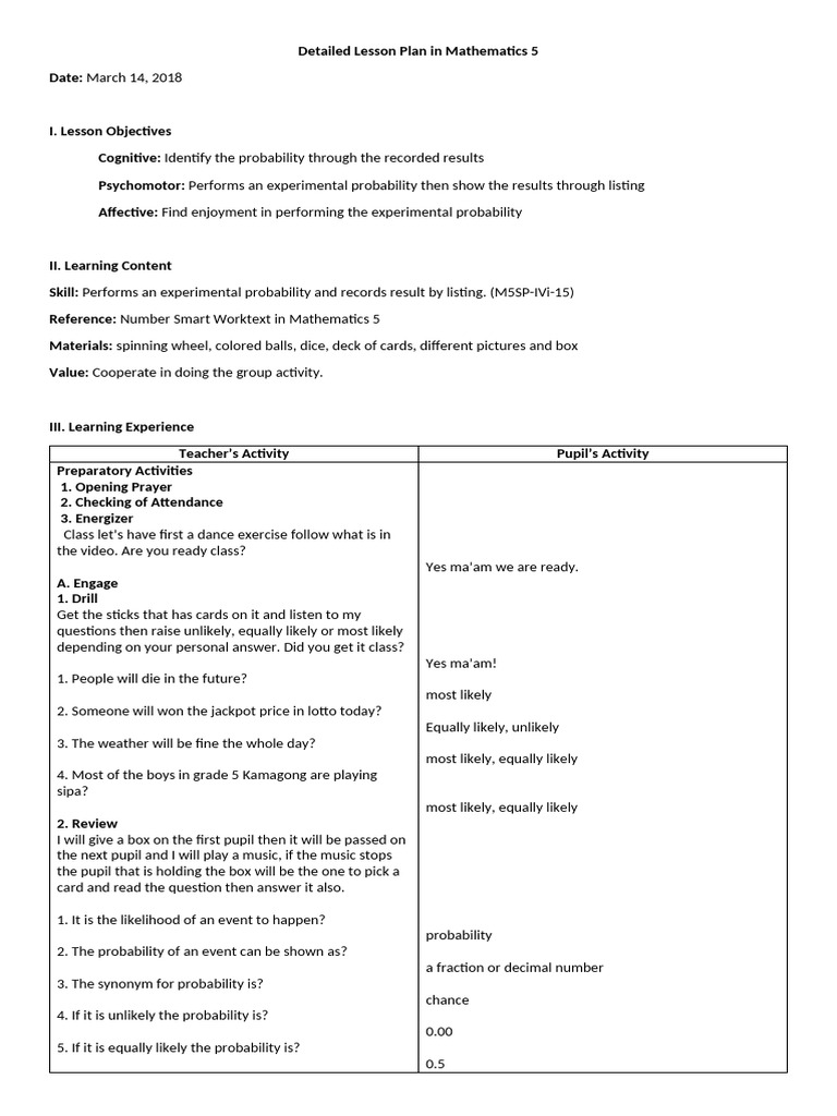 428599630 Detailed Lesson Plan in Mathematics 5 | PDF | Probability | Numbers