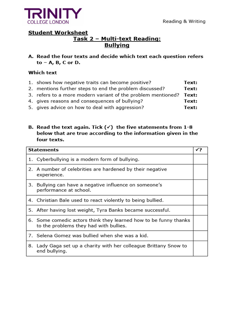 ISE II - Task 2 - Multi-Text Reading - CA1 (Bullying) | PDF | Bullying | Cyberbullying