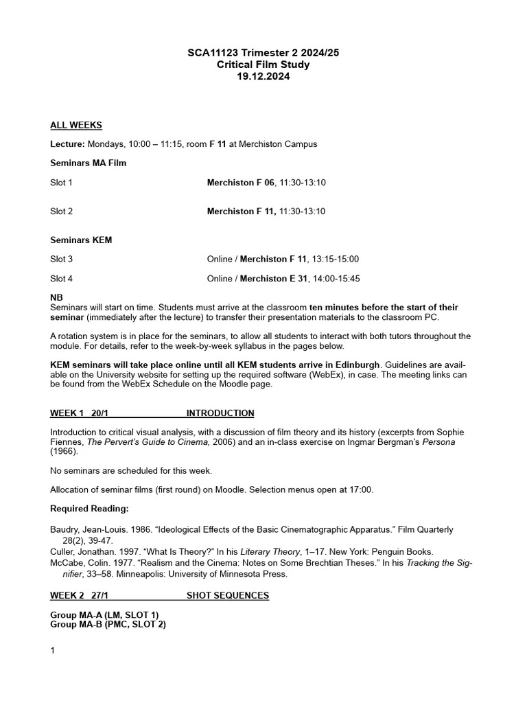SCA11123 24-25 Critical Film Study Module Syllabus | PDF