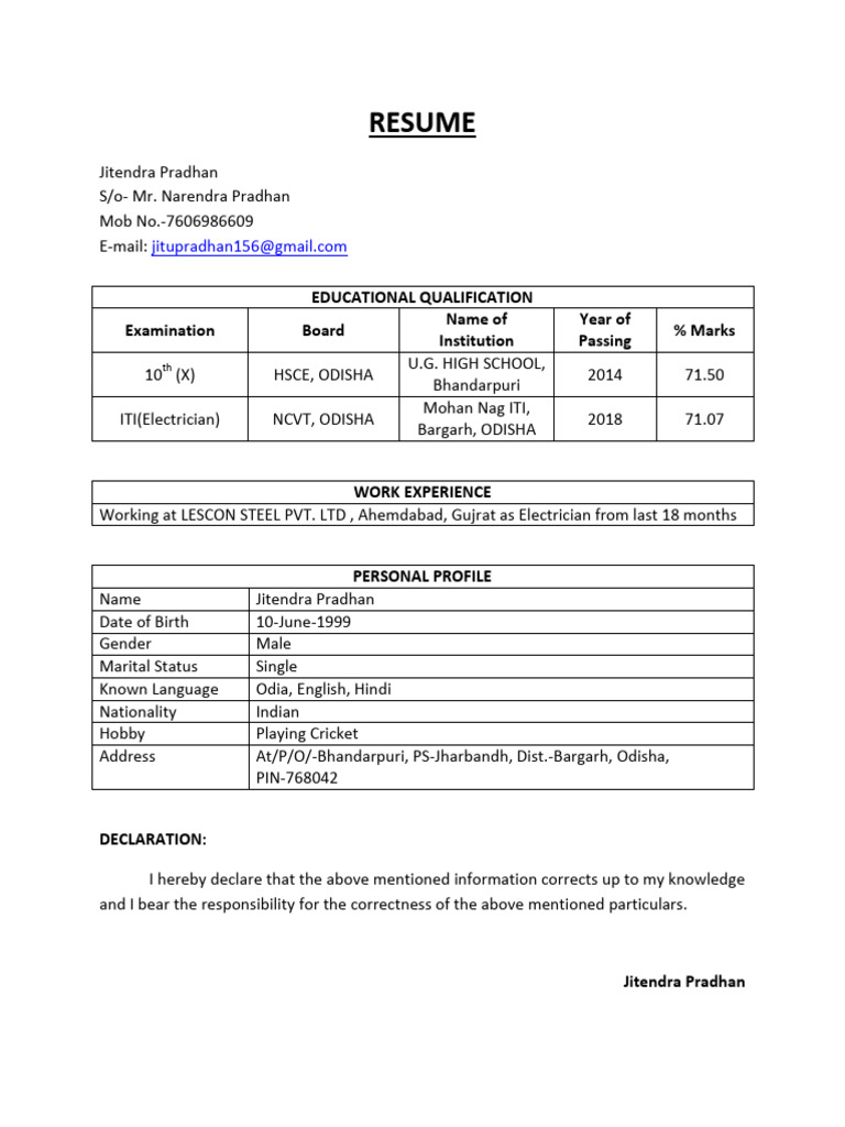 Resume: Educational Qualification Examination Board Name of Institution Year of Passing % Marks ...