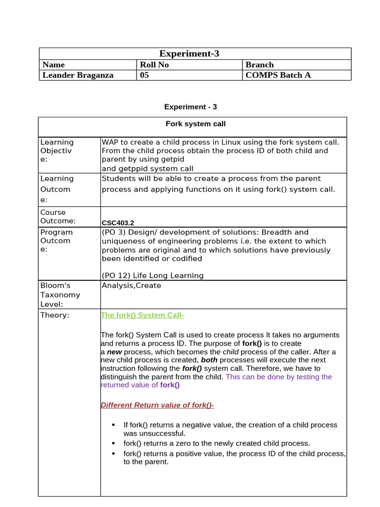 Exp 3 (Fork Call System) - A - 05 - Leander Braganza | PDF | Software Engineering | Operating ...