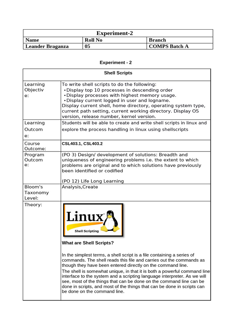 Exp 2 (Shell Scripts) - A - 05 - Leander Braganza | PDF | Command Line Interface | Computer ...