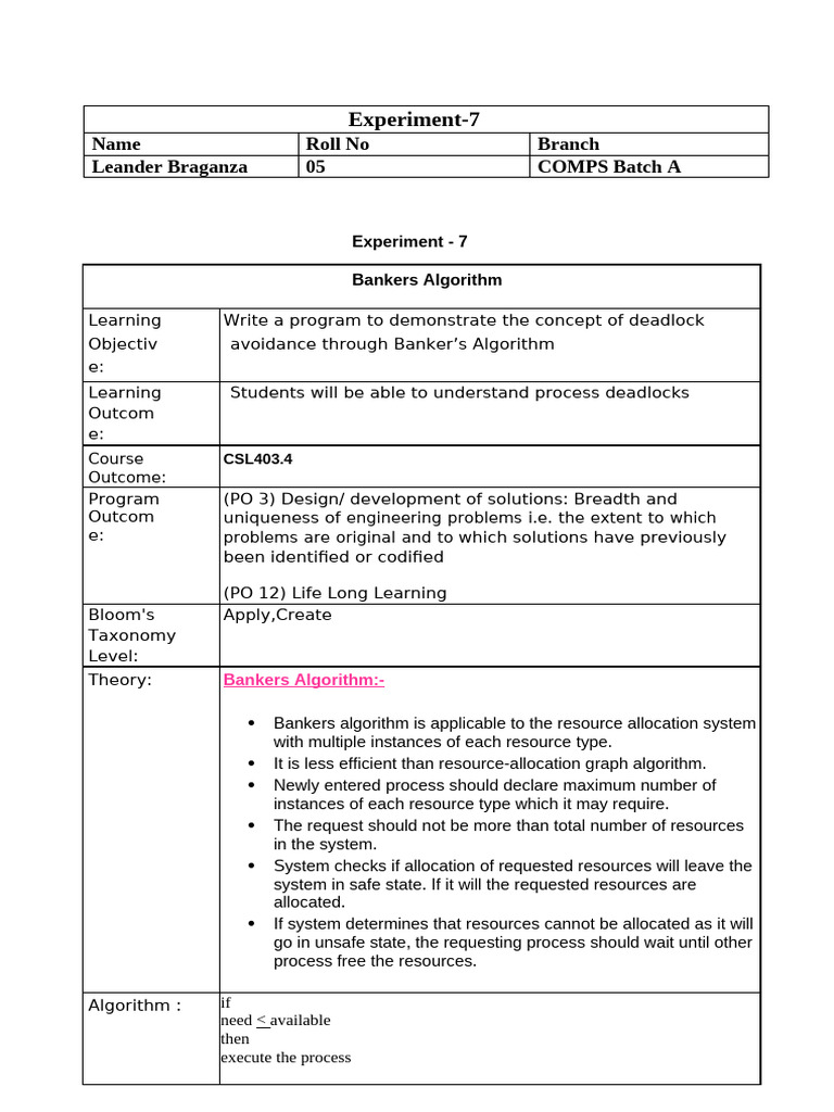 Banker's Algorithm for Students | PDF | Computer Programming | Combinatorics
