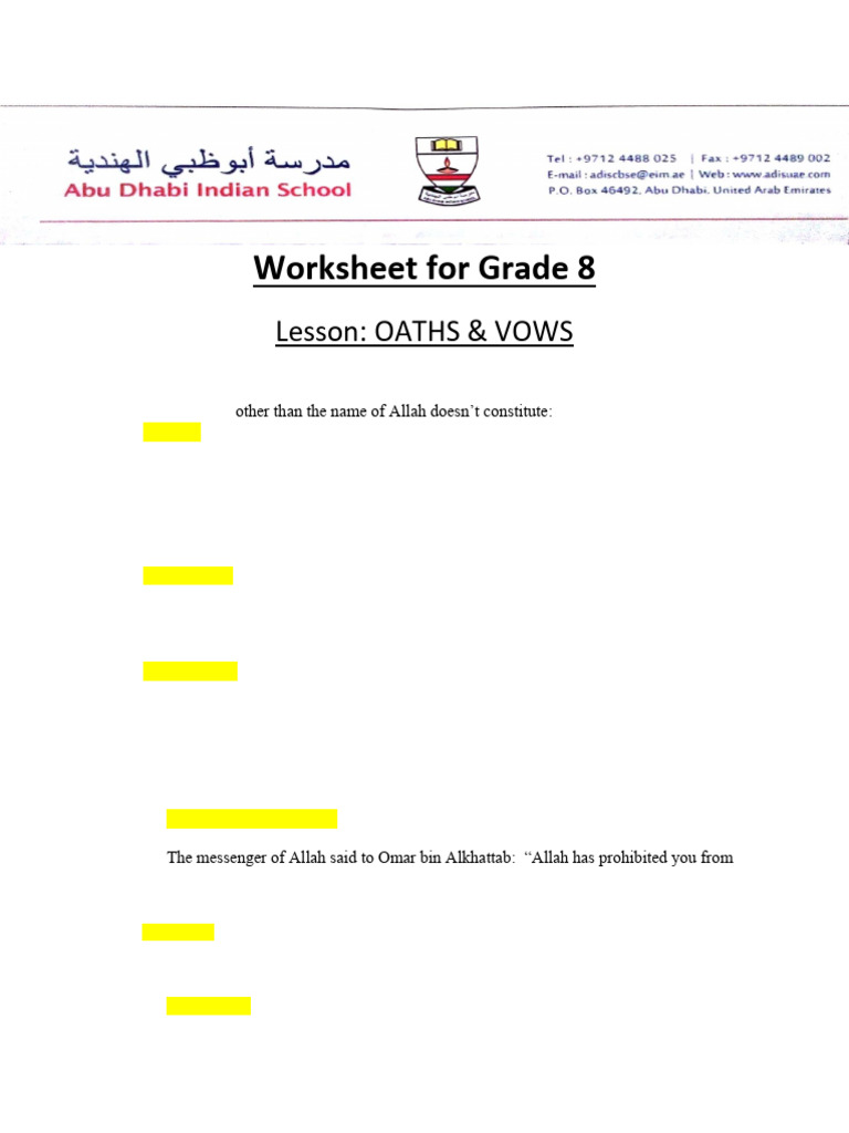 Worksheet GR 8 OATHS & VOWS-Q&A | PDF | God In Islam | Oath