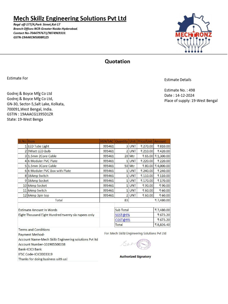 Quotation Estimate for Godrej & Boyce | PDF