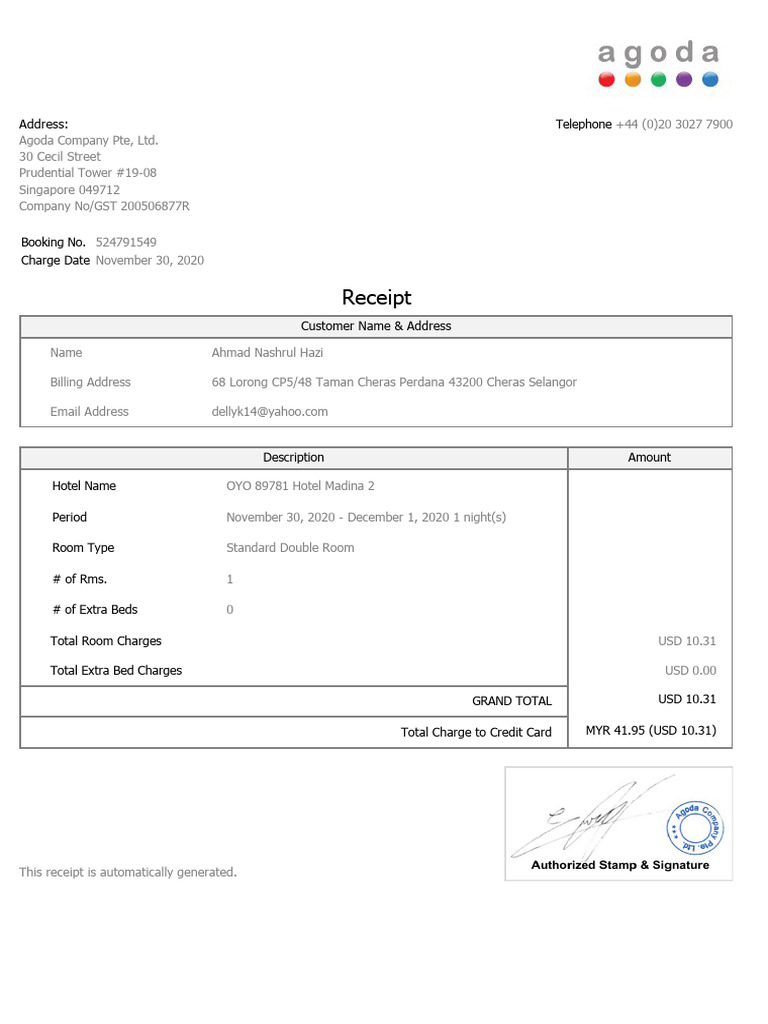 Agoda Booking ID 524791549 RECEIPT Enclosed-1 | PDF