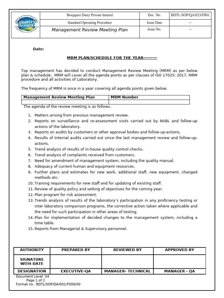 BDTL-SOP-QA-023 F001 MRM Plan | PDF | Quality Assurance | Audit