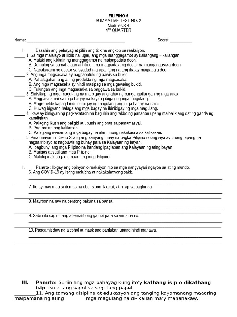 Filipino Summative 2 | PDF