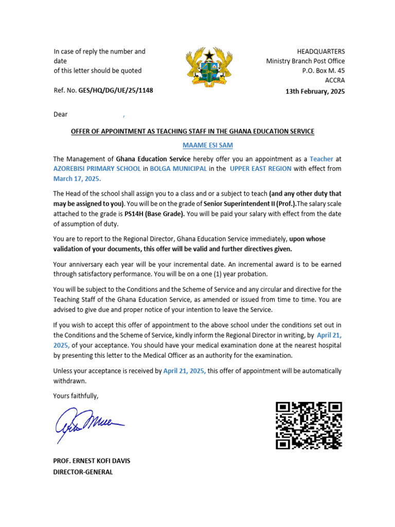 Gespromotions - Gov.gh Appointment Letter MAAME ESI SAM | PDF | Government