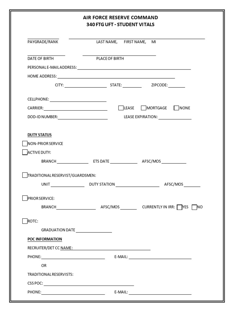 23 - 340 FTG STUDENT INTAKE FORM | PDF | Military | Military Air Services