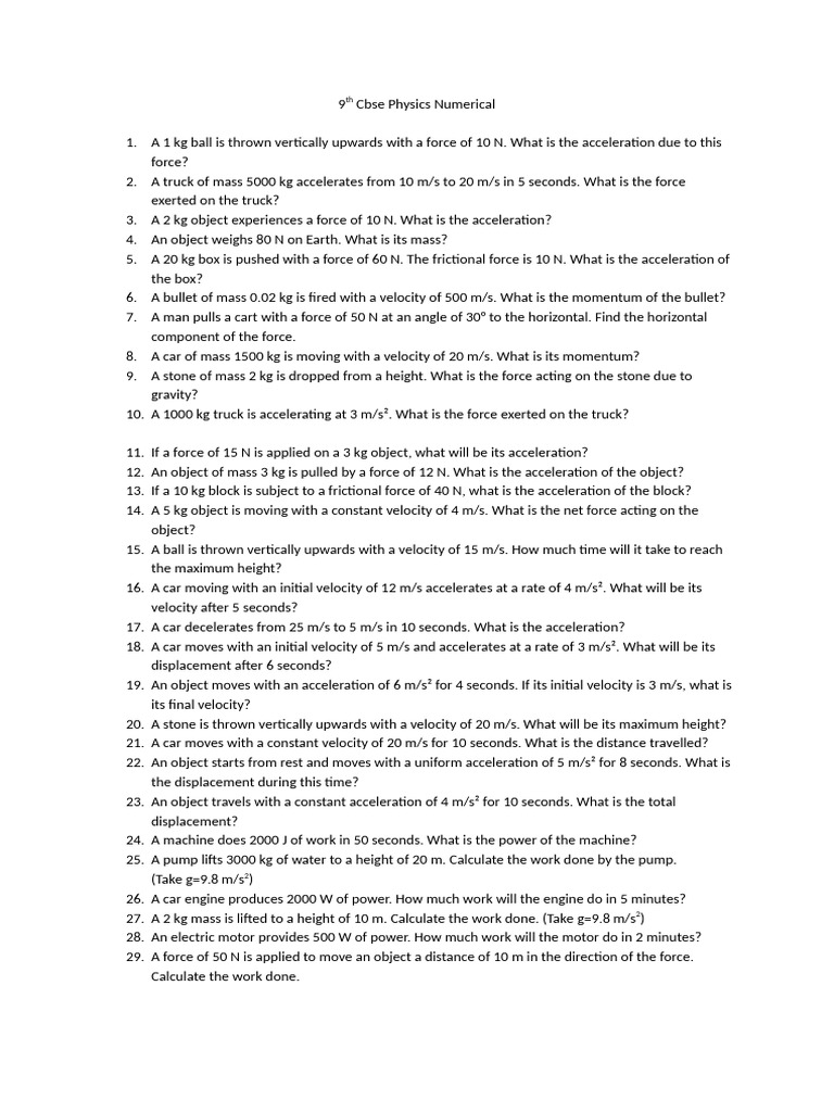 9th Cbse Physics Numerical | PDF | Force | Acceleration