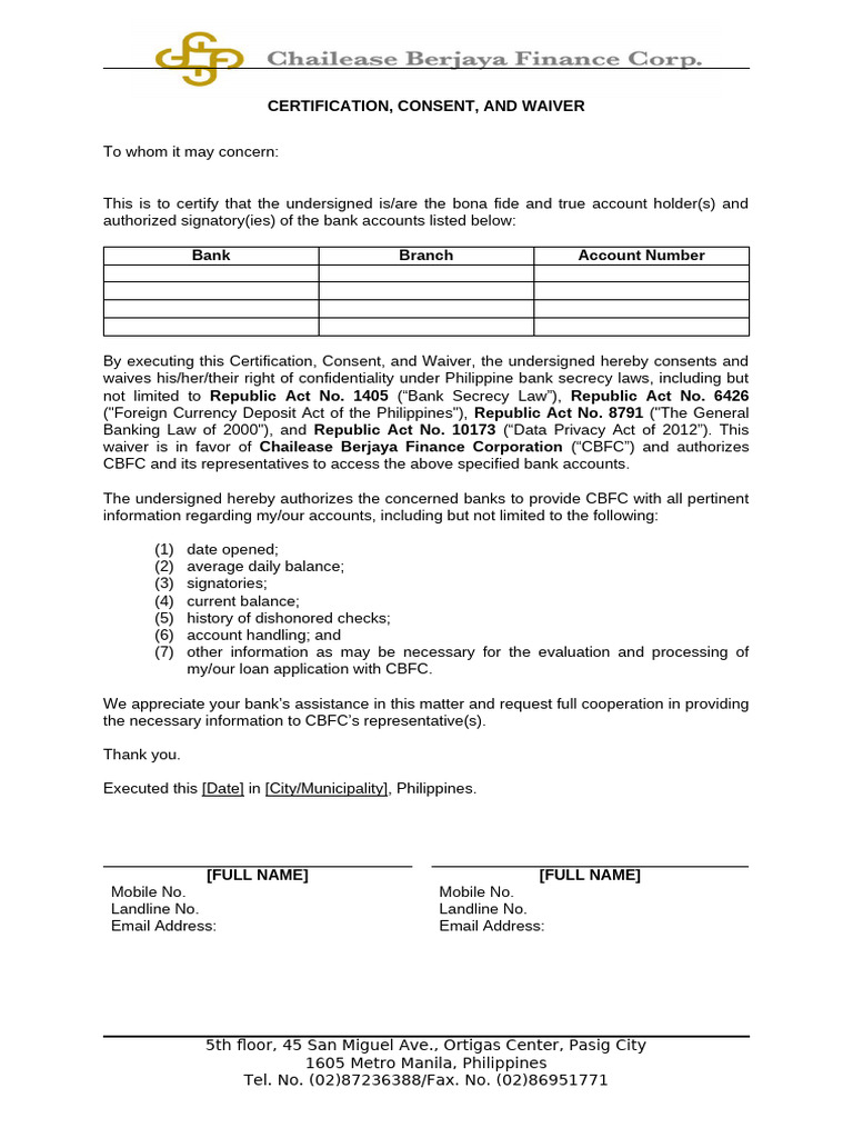 Bank Consent Form For Individual | PDF