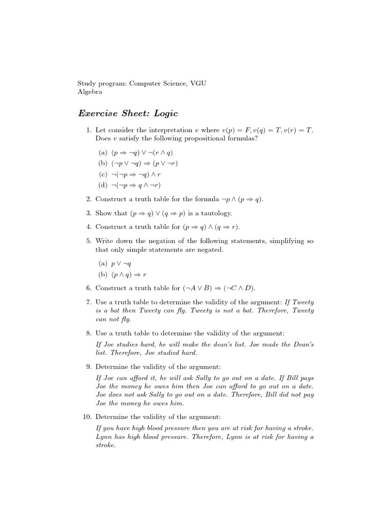 Discrete Mathematics - Logic Exercises | PDF | Mathematical Logic | Logic