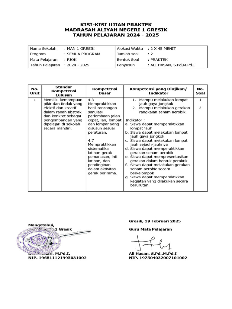 2025 Kisi-Kisi Soal Praktek Pjok | PDF