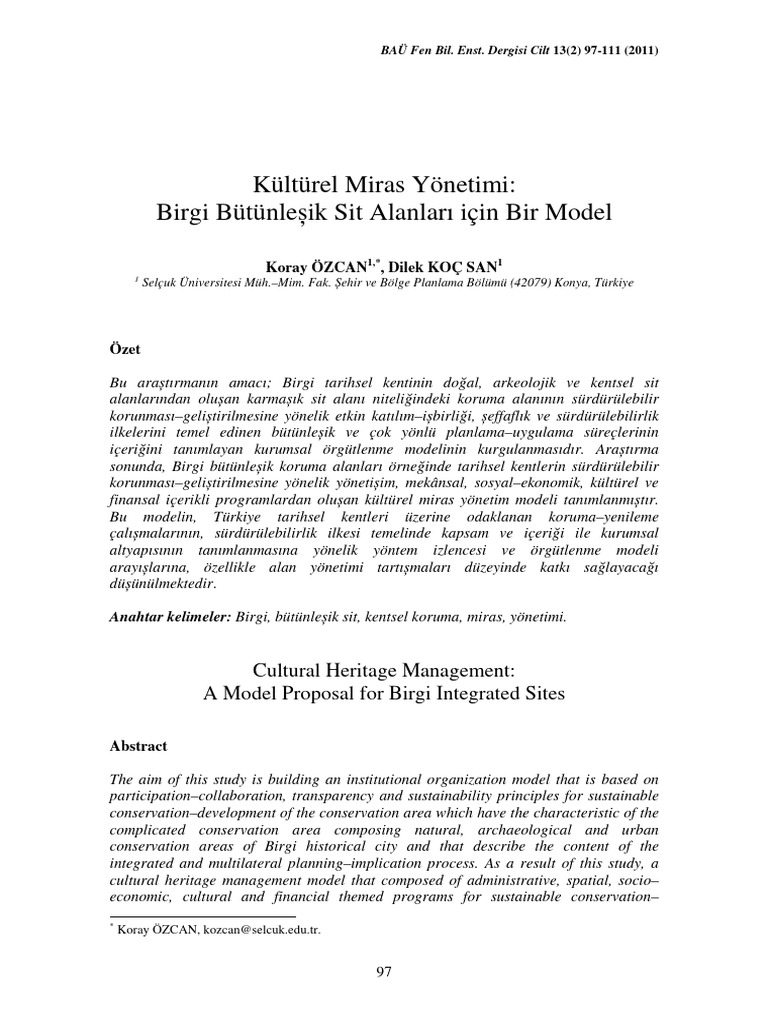 K Lt Rel Miras Y Netimi Birgi B t Nle Ik Sit Alanlar i in Bir Model[#257343]-223722 | PDF