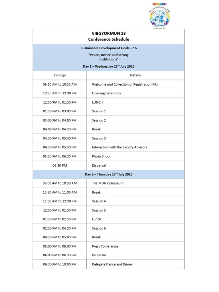Tentative Schedule Vmun Pune2023 | PDF