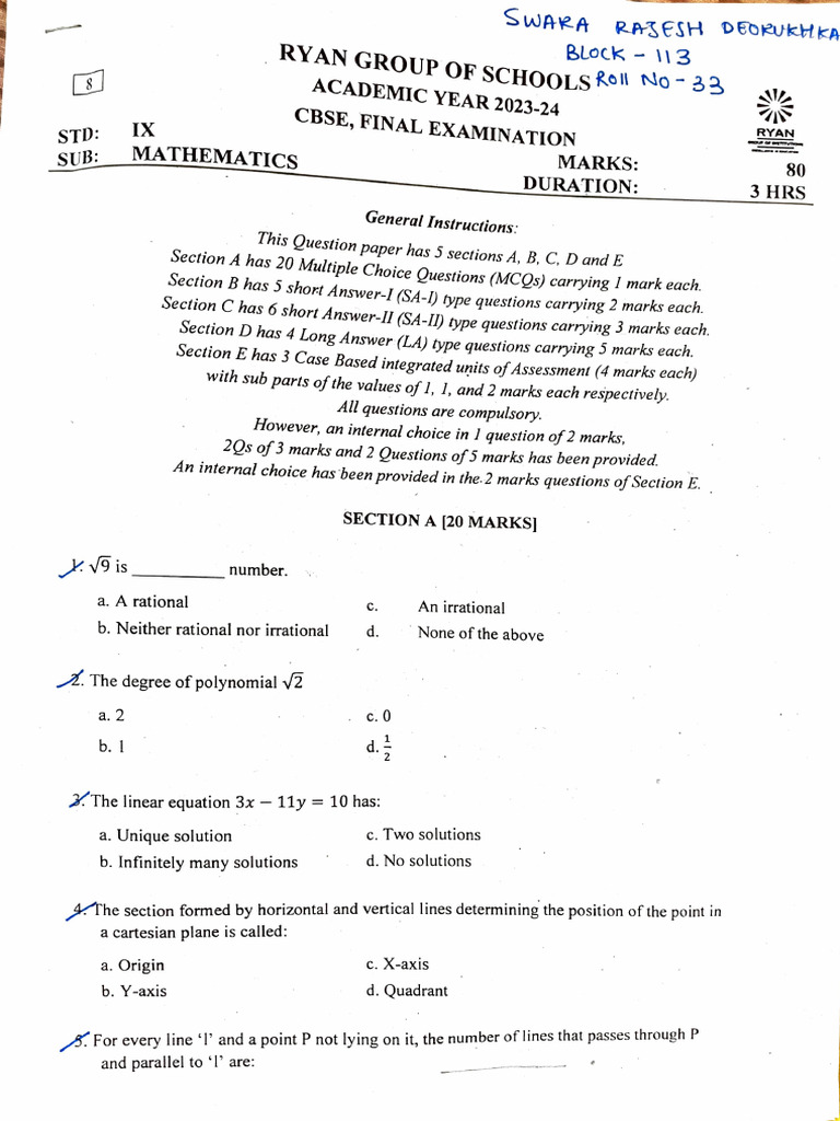9th Class Math Question Paper 2023-24 | PDF | Area | Mathematical Concepts
