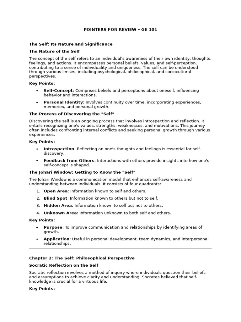 Ge 101 Pointers For Review | PDF | Ātman (Hinduism) | Self Concept