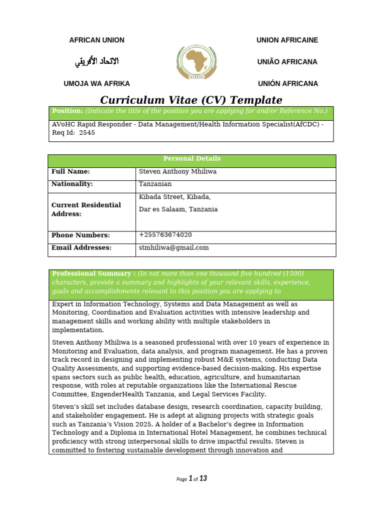 AU CV Template_ENGLISH | PDF | Tanzania | Business