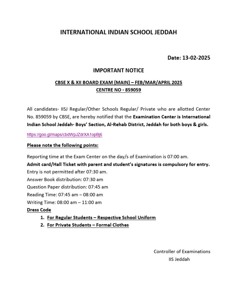 CBSE Exam Notice 2025: IIS Jeddah | PDF