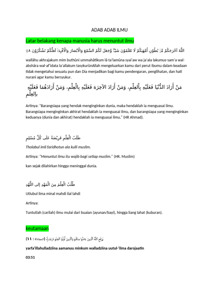 Adab Adab Ilmu Rinngkasan | PDF