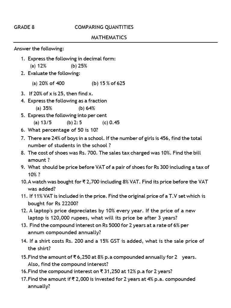 comparing quantities worksheet grade 8 | PDF