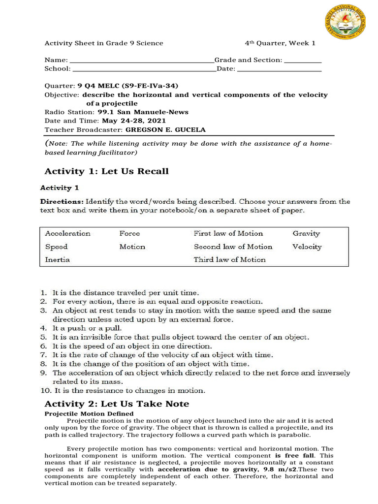 LAS Week 1 4 Science 9 | PDF | Acceleration | Mechanics