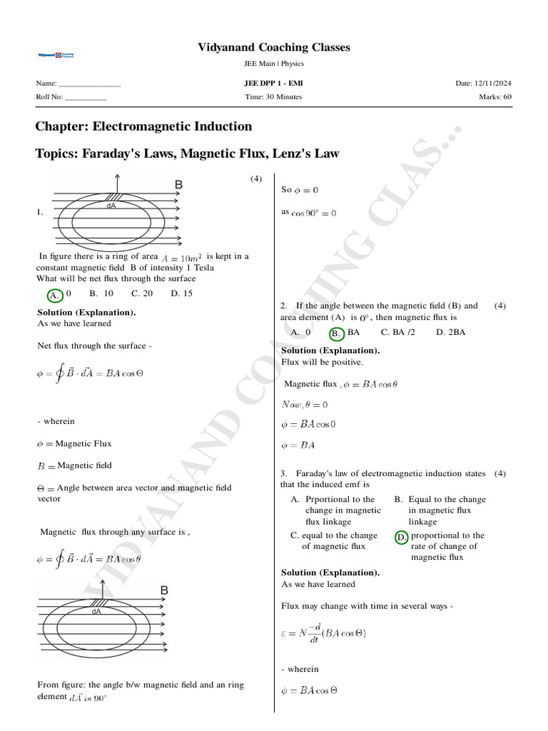 JEE DPP 1 EMI Solution Sheet | PDF | Electromagnetic Induction | Magnetic Field