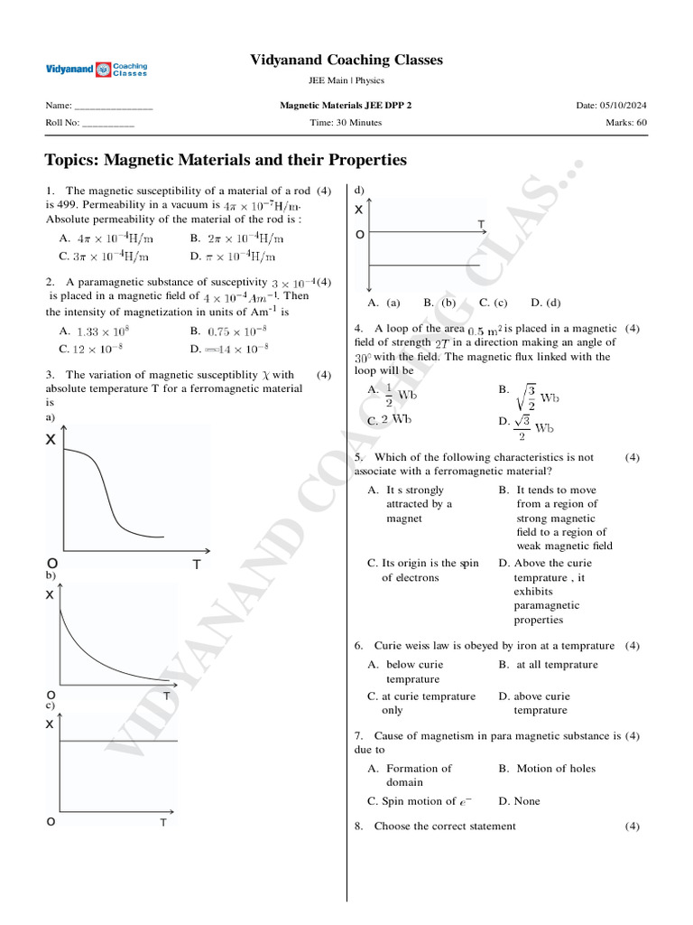 Magnetic Materials JEE DPP 2 | PDF | Magnetism | Ferromagnetism