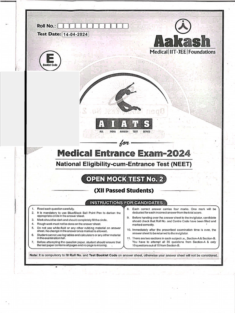 AIATS Medical 2024 Mock Test 02 DT 14 04 2024 Code E | PDF