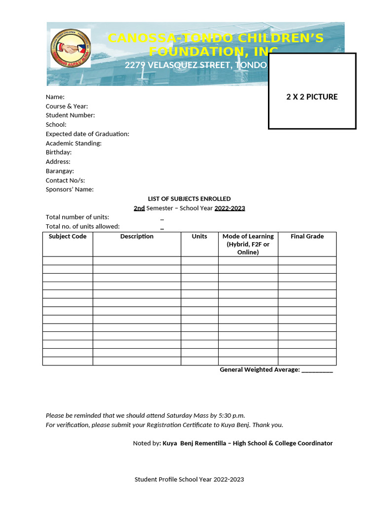 SHS and College Student Profile 2nd Semester 2022 2023 | PDF