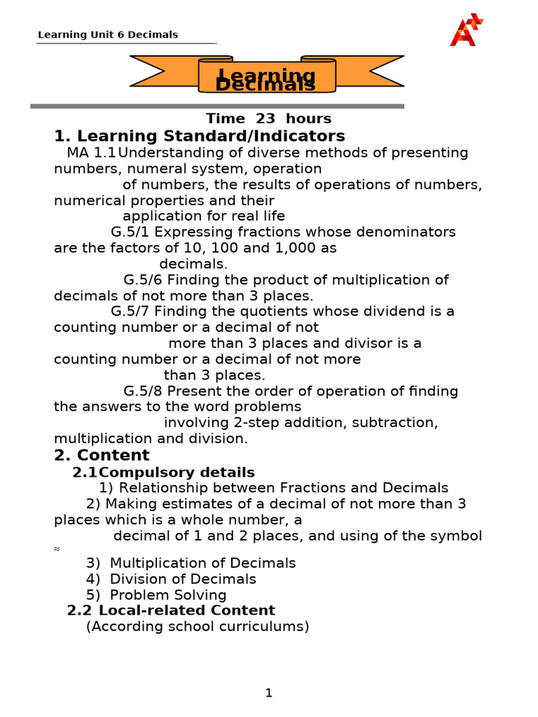 Learning Unit 6 Decimals | PDF | Division (Mathematics) | Numbers
