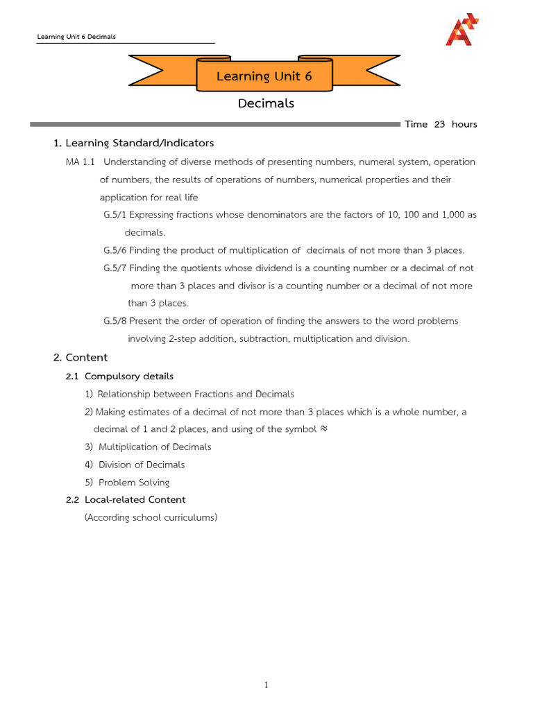 Learning Unit 6 Decimals | PDF | Division (Mathematics) | Numbers