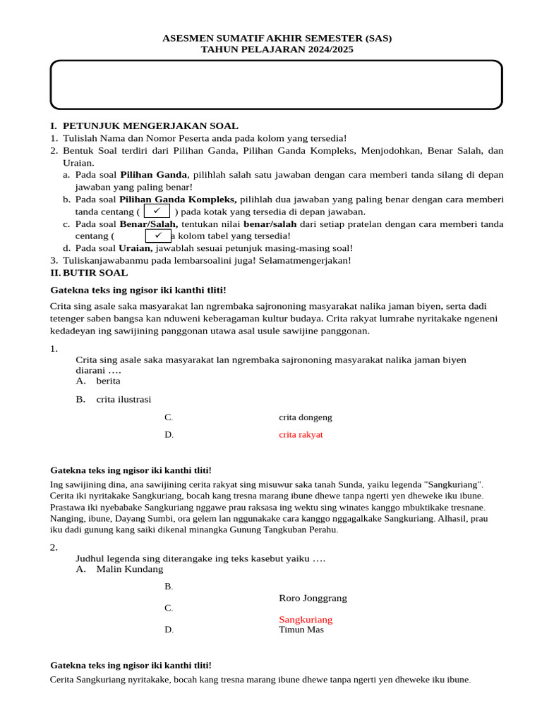SOAL SAS Bahasa Jawa 24 Ganjil | PDF