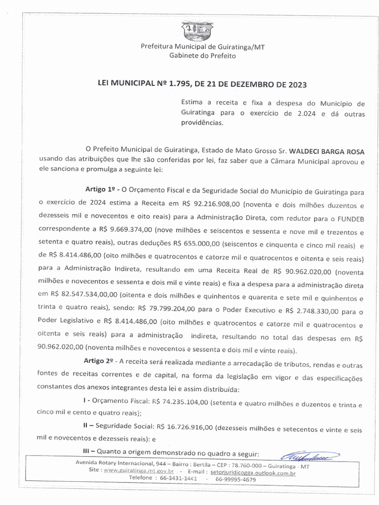 LEI No. 1.795 2024 LEI ORCAMENTARIA ANUAL - LOA 2024 | PDF