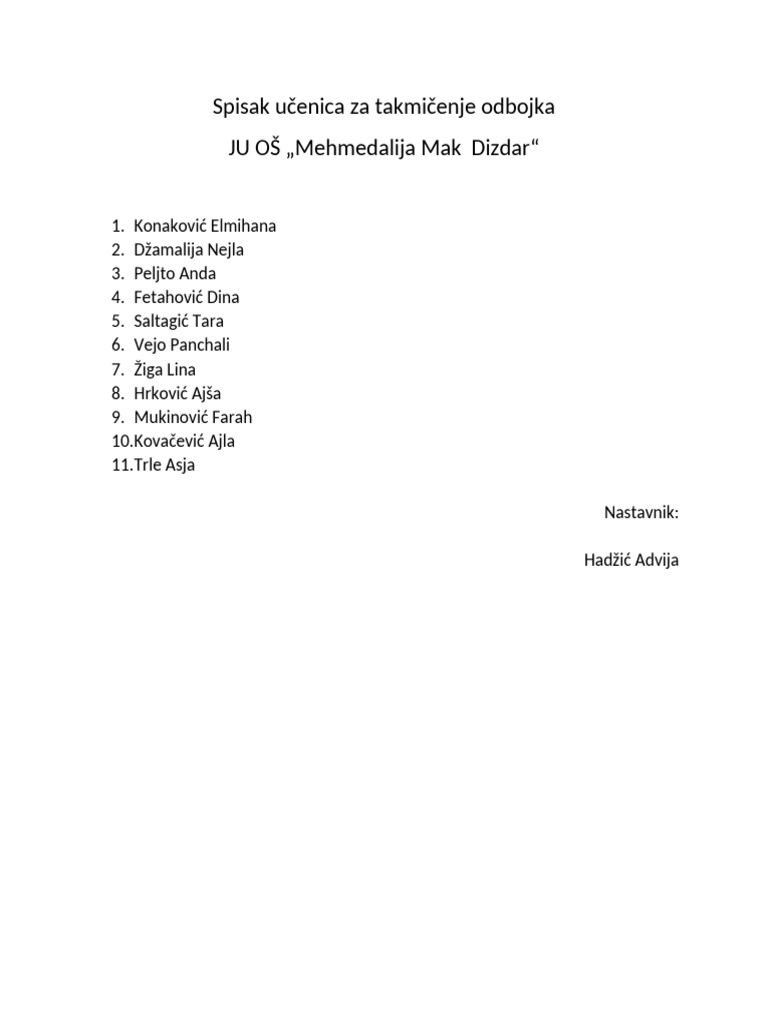 Spisak Učenica Za Takmičenje Odbojka | PDF