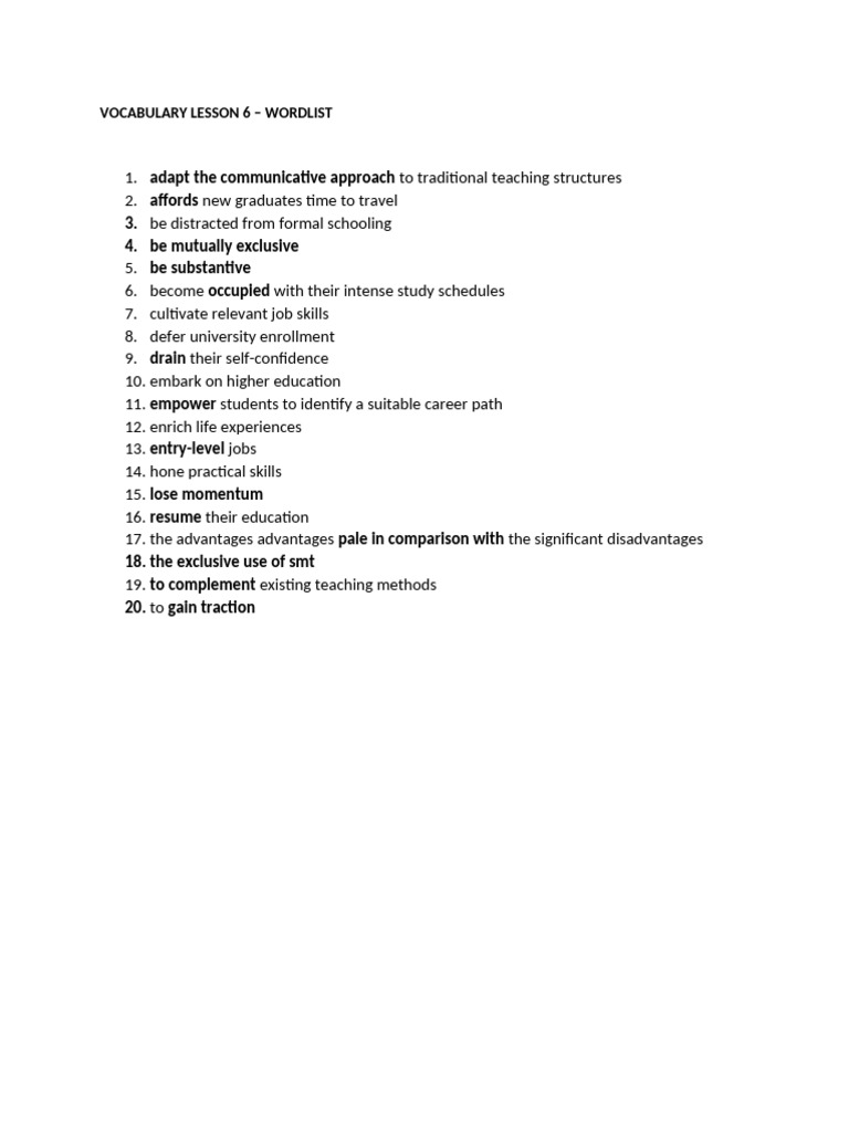 Vocabulary Lesson 6 - Wordlist | PDF