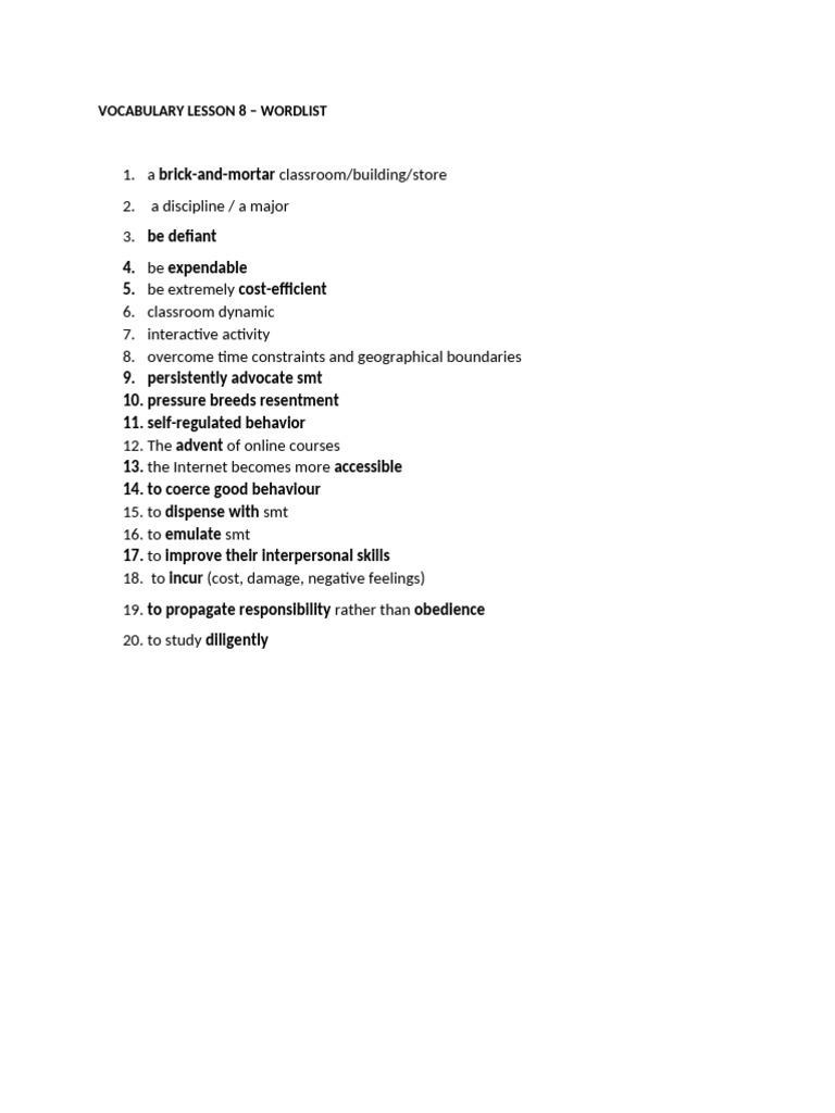 Vocabulary Lesson 8 - Wordlist | PDF