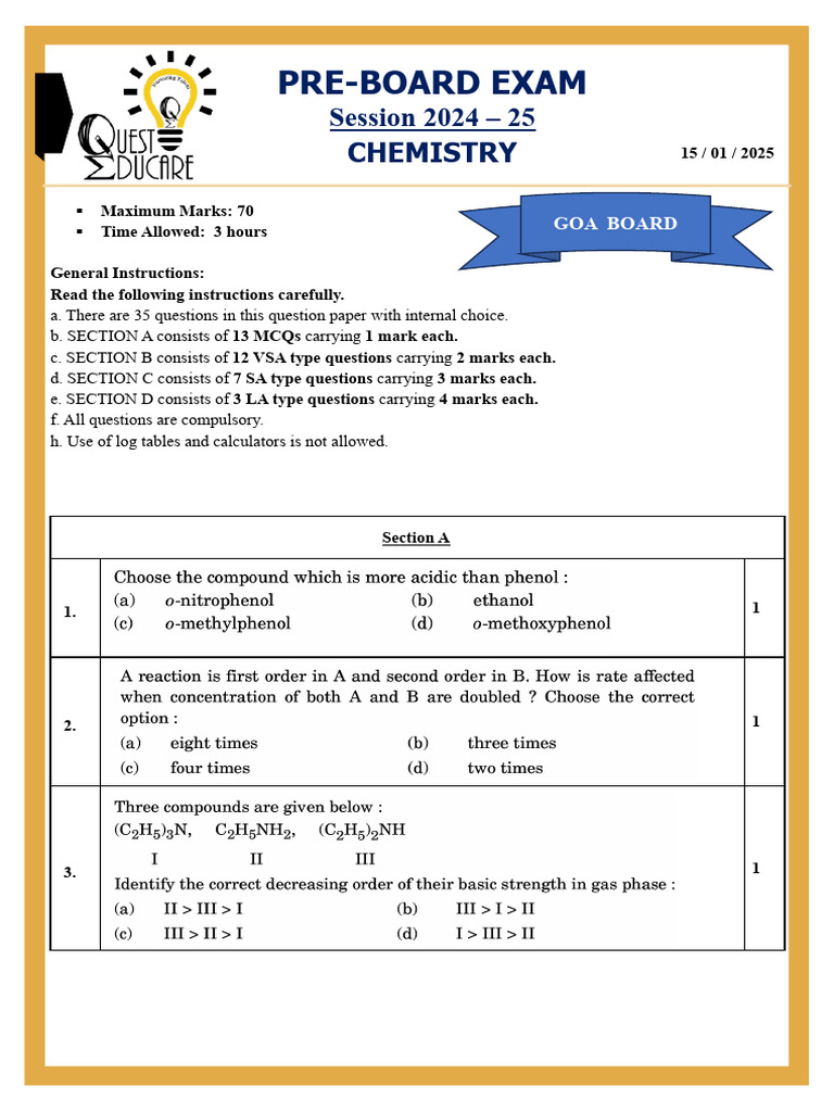 Goa Board Chemistry Pre-Board Exam 2025 | PDF | Chemistry