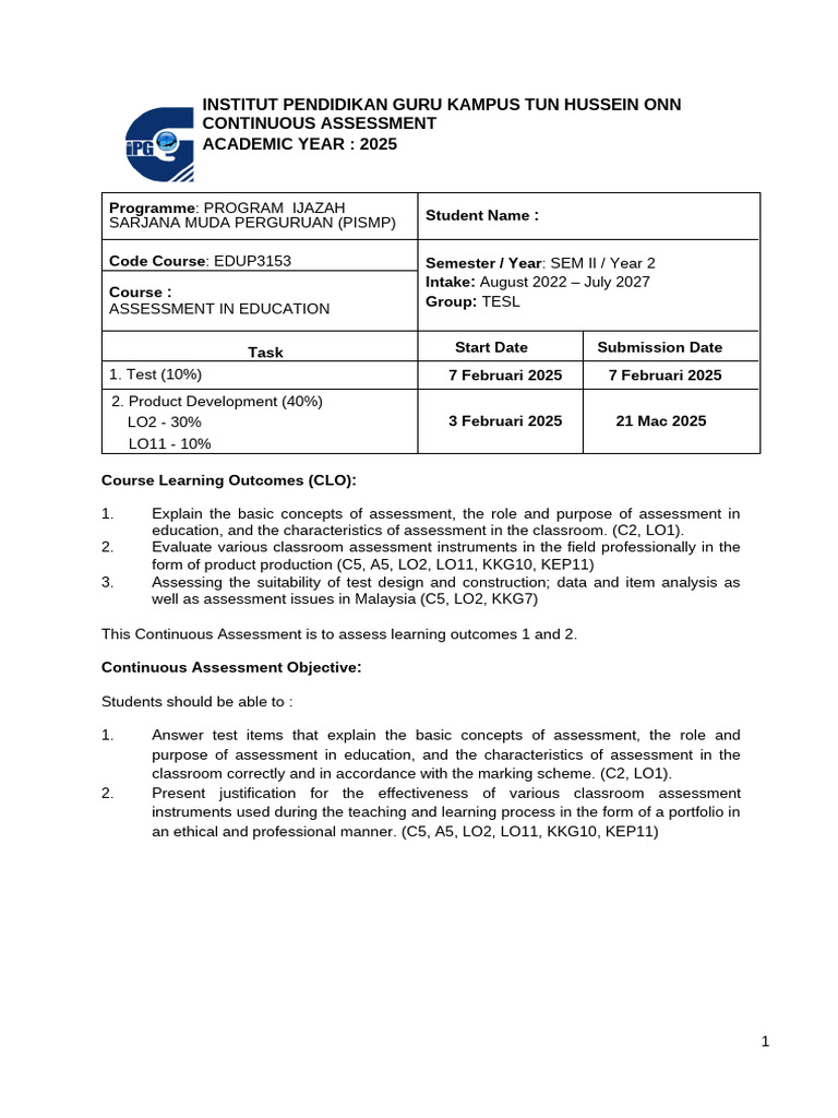 Continuous Assessment for EDUP3153 | PDF | Educational Assessment | Psychology
