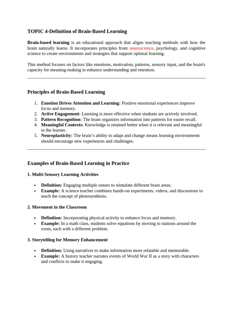 Pedagogy Topic 4 Brain Based Learning | PDF | Learning | Memory