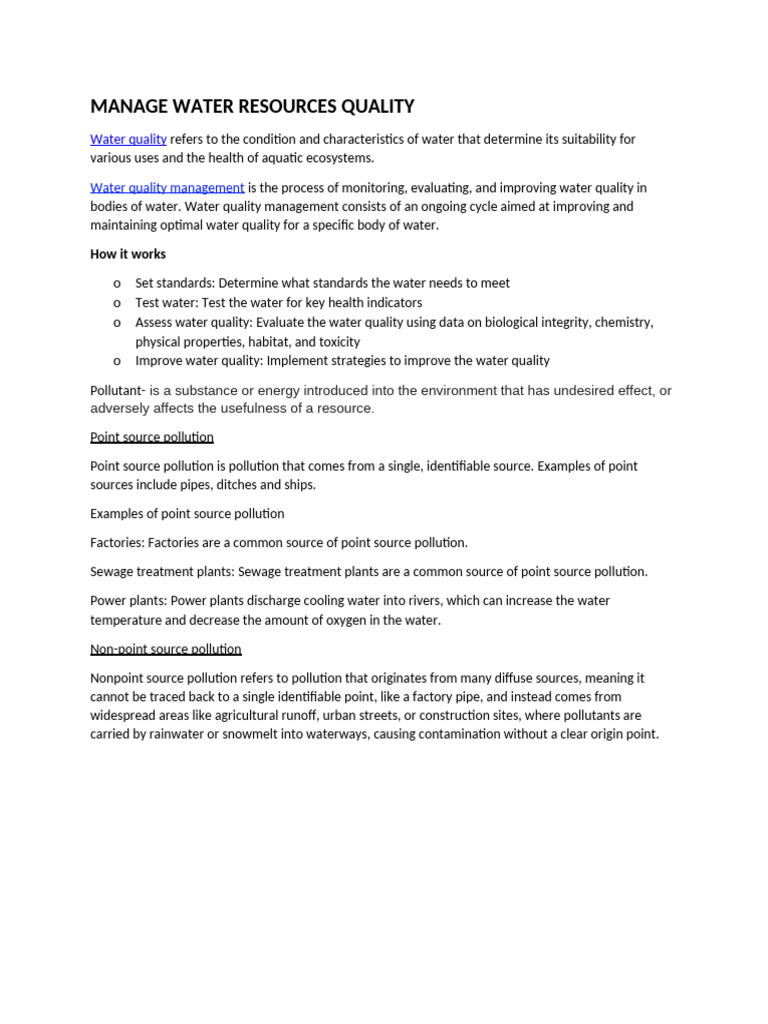 Manage Water Quality Resources | PDF | Water Pollution | Water Quality