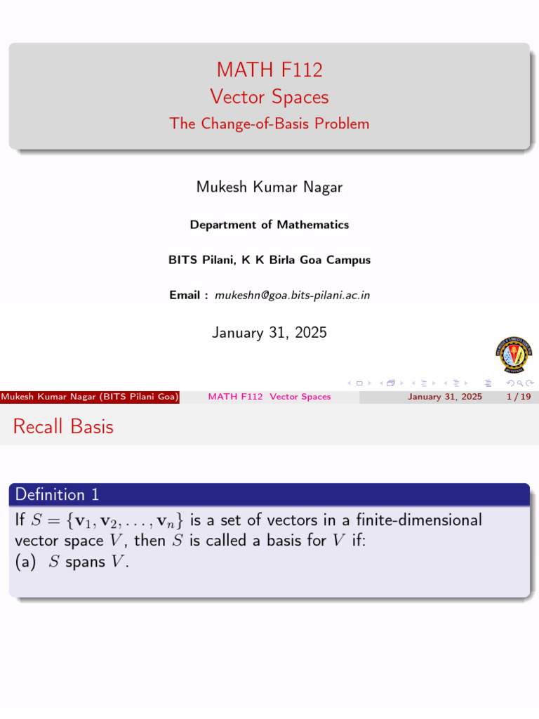 Change of Basis in Vector Spaces | PDF | Basis (Linear Algebra ...