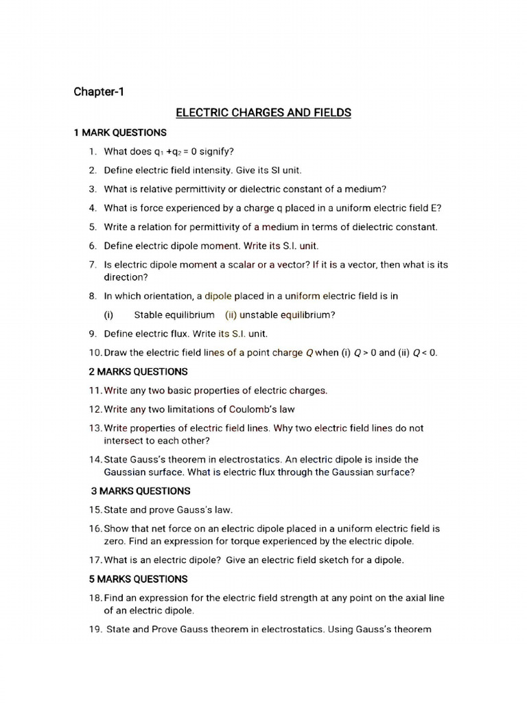 Electric Charges Most Imp 12th Cbse Question Bank 2025 | PDF