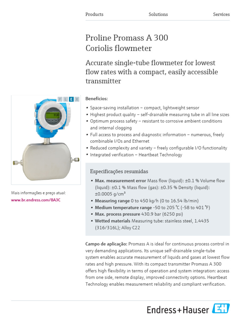 Promass A 300: Coriolis Flowmeter Specs | PDF | Flow Measurement | Density