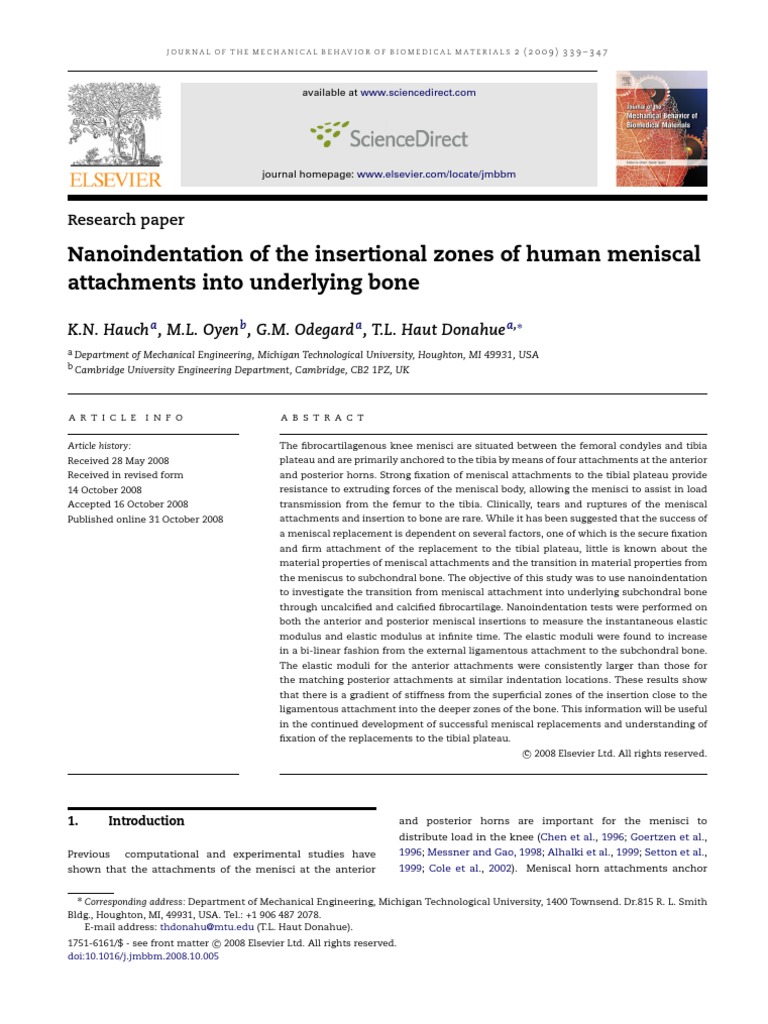 Nanoindentation of The Insertional Zones of Human Meniscal Attachments ...