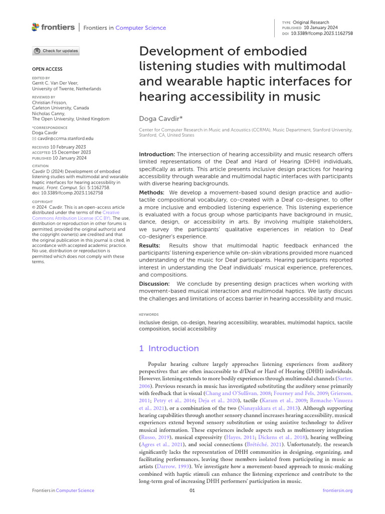 Development of embodied listening studies with multimodal and wearable haptic interfaces for ...